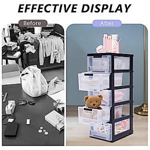 PIAOCAIYIN 5 Drawer Storage Organizer, Plastic Drawers Stackable, Vertical Storage Tower, Plastic Storage Dresser, Storage Cabinet Drawers Organizer for Clothes Toys, Large Capacity -Transparent