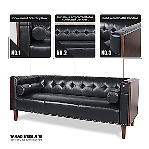 Couches for Living Room Faux Leather Black Sofa Mid Century Modern Couch Tufted 3 Seater Sofa 77.5'' Clean Lines Wooden Decorated Square Arm Sofa with Two Bolster Rolled Accent Pillows (BLACK)