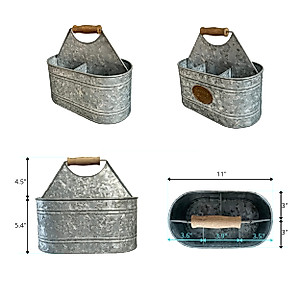 KOTINARA Galvanized Flatware Caddy - Strong Wooden Handle, Rust-Resistant, Indoor & Outdoor Use - A Farmhouse, Rustic, Country Style Organizer for Utensils, Flatware, Tools and more