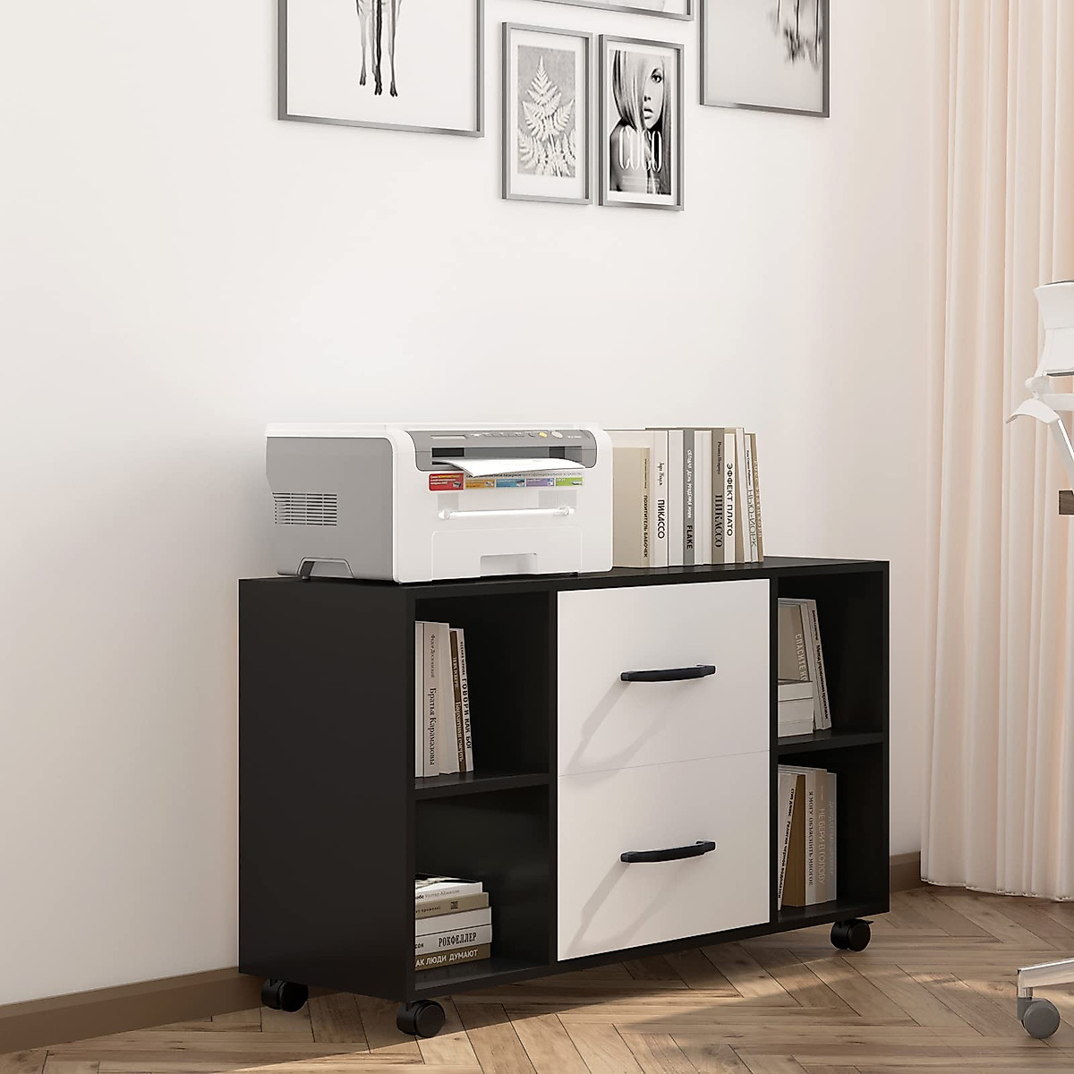 soges 2 Drawer Mobile Lateral File Cabinet, Office Filing Cabinet, Rolling Storage Cabinet, Printer Stand with Open Storage Shelves and Wheels, Black and White, CXWL-FC08BW