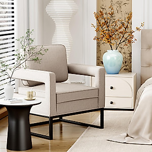 Alunaune Modern Accent Chair Living Room Chairs, Mid Century Armchair Upholstered Backrest Lounge Chair Removable Seat Cushion Sofa Reception Chair for Bedroom-Beige
