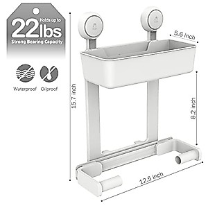 LEVERLOC Suction Shower Caddy With Paper Towel Holder, Bathroom Shower Basket Wall Mounted Shower Organizer for Shampoo, Facial Cleanser, Hand Sanitizer, Shower Rack for Kitchen & Bathroom, Drill-Free