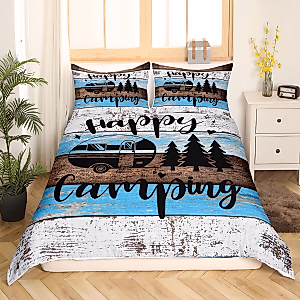 RV Camper Comforter Cover Queen Size,Happy Camping Wild Adventure Duvet Cover for Teenagers Bedroom Decor,Farmhouse Style Wood Barn Comforter Cover 3 Piece with Zipper Closure,Blue White