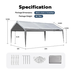 VIVOHOME 12x20ft Carport Replacement Canopy Cover, 180G Waterproof & UV Protected Tarp with 44 Elastic Buckles Suit for Garage Shelter, Frame is Not Included