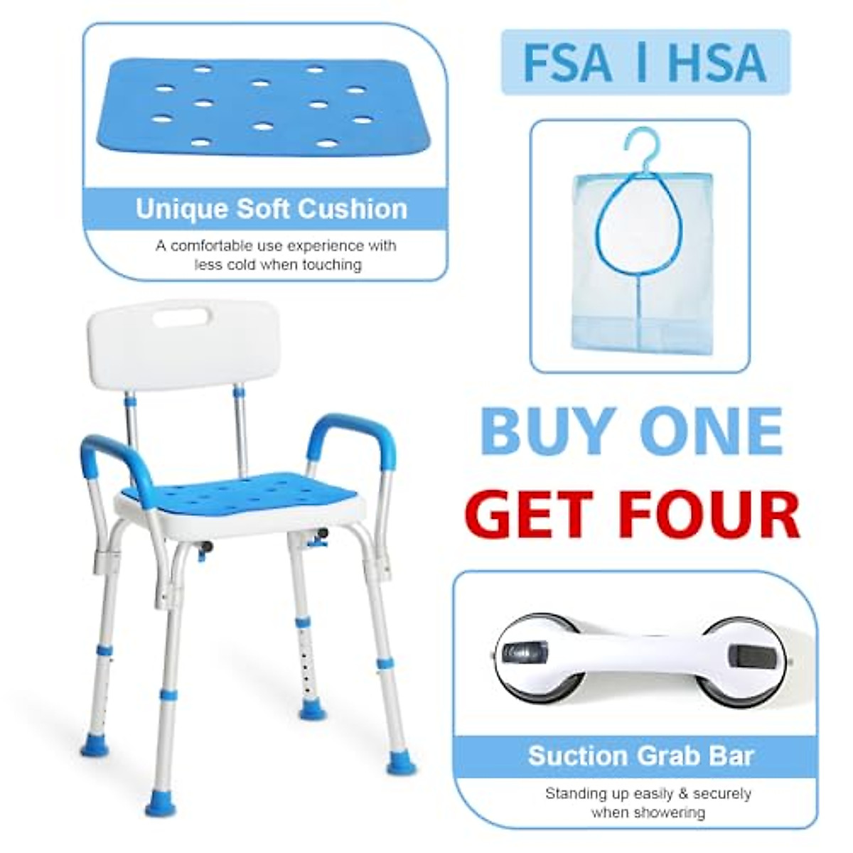 HSA/FSA Eligible Shower Chair with Arms and Back, Padded Shower Seat for Inside Shower with Grab Bar/Toiletry Bag, Tool-Free Shower Seat for Bathtub, Shower Bath Chair for Elderly/Disabled by SOUHEILO
