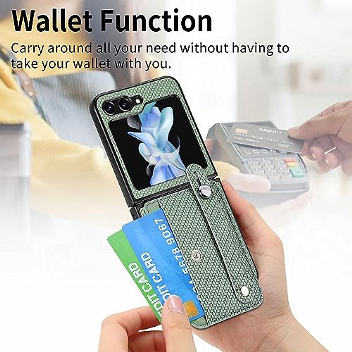 Case for Samsung Galaxy Z Flip 5, Leather Phone Cover Case with Card Holder and Wristband, for Samsung Galaxy Z Flip5 5G, Shockproof Black