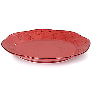 Elama Embossed Scalloped Round Stoneware Dinnerware Dish Set, 16 Piece, Red with Brown Accents