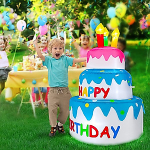 4 Ft Inflatable Happy Birthday Cake Decorations Outdoor Lighted Blow Up Holiday Birthday Party Decor with Candles 6 LED Lights for Indoor Home Celebration Garden Lawn Yard Prop Sign