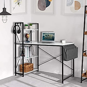 Karl home Computer Desk with Power Outlet & Storage Shelves 47" Home Office Workstation Study Writing Table with Charging Station & Hooks for Home, Studio, Office, Apartment, White