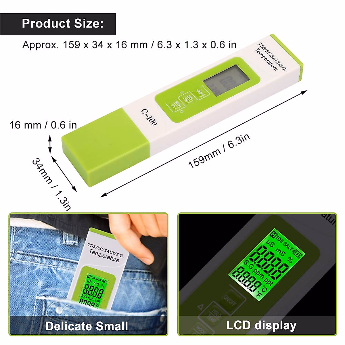Water Quality Test Pen, C 100 5 in 1 Salinity EC Seawater Tester Multifunction Water Quality Tester with Backlight