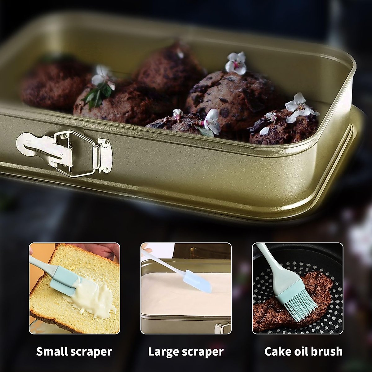 MESHKA Large Springform Cake Pan, 14 x 11-Inch Rectangle Cheesecake Pan with 3Pcs Spatula Set，Leakproof Removable, Removable Bottom Golden.