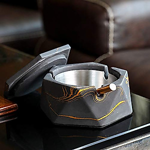 FREELOVE Concrete Ashtray with Lid & Stainless Steel Ashtrays for Cigarettes, Accelerated Cement Ash Tray Raw Weed Smoking Holders Indoor Outdoor Patio Home Office Cool Geometry Decor, Black-Gold A
