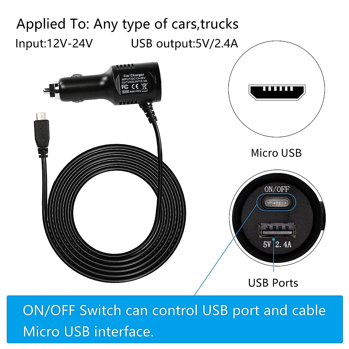 RIIEYOCA Dash Cam Micro USB Power Cable, with Switch USB 5V 2.4A Port, for Most Dash Camera and GPS Navigation, Compatible with USB Port Devices（Cable:11.48ft）