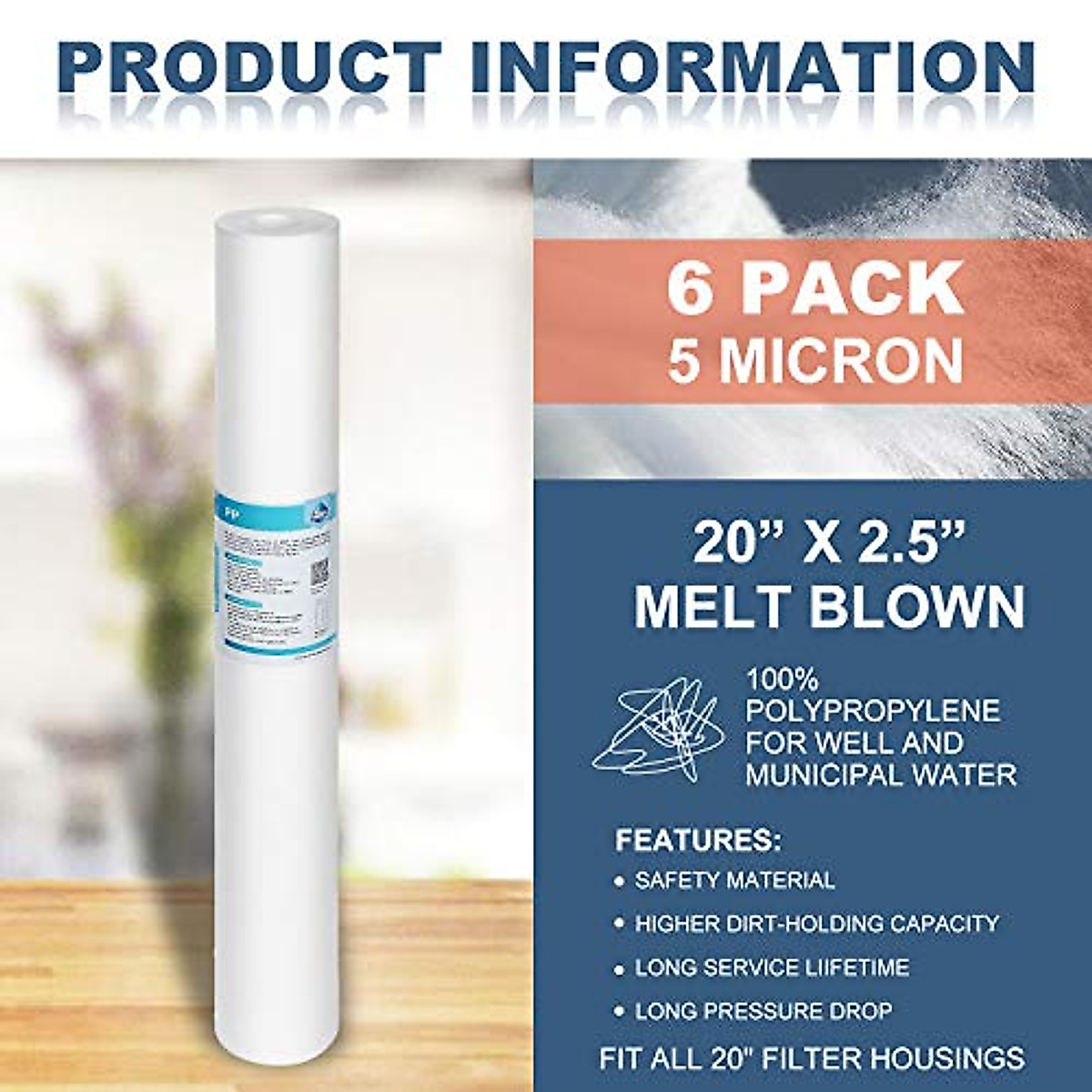 Membrane Solutions 5 Micron Sediment Water Filter Replacement Polypropylene Cartridge 20" x 2.5" for Whole House Filter System - 6 Pack