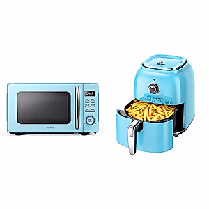 Galanz GLCMKZ09BER09 Retro Countertop Microwave Oven with Auto Cook & Reheat, 0.9 cu ft, Blue & Retro Electric Air Fryer with Non-Stick Basket, Temperature and Time Control, 4.8Qt, 1500W, Retro Blue