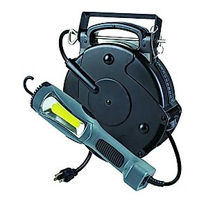 Alert ProReel 8150MM Retractable Cord Reel w/LED Work Light | 50' - 16/3 SJTOW Task Light Cord | 14W LED Shop Light Provides 1500 Lumens | Grounded Outlet with On/Off Handle Switch