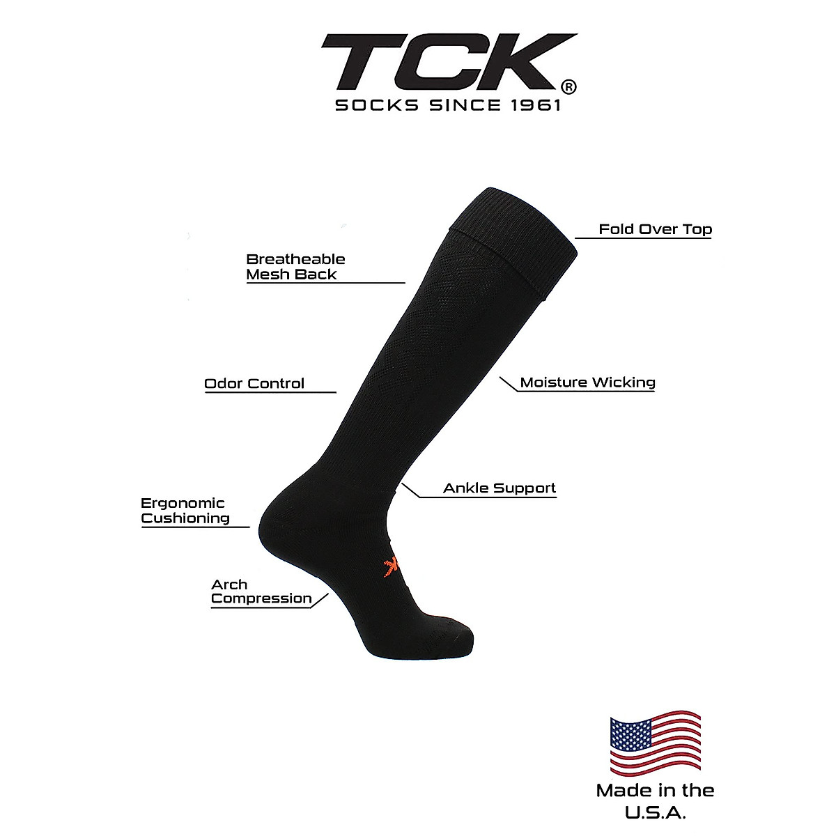 TCK Soccer Socks Premier Breathable Fold Down (Black, Large)