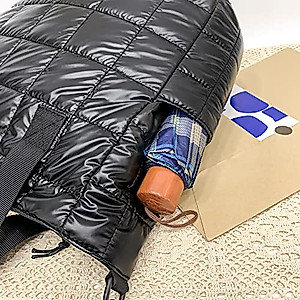 Large Quilted Tote Bag with Zip for Women Lightweight Winter Down Cotton Padded Plaid Shoulder Bags Quilted Bags Down Padding Handbags