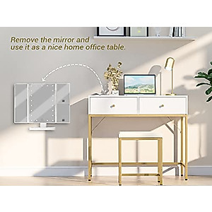 SUPERJARE Vanity Desk, Makeup Vanity with Stool & Tri-fold Lighted Mirror, Vanity Table Set with 2 Large Drawers - White and Gold