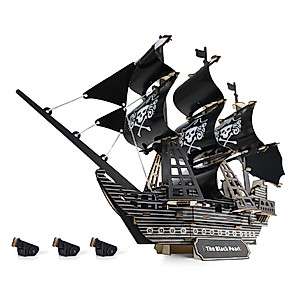 Jigtoy 3D Wooden Puzzle - 22.9" Large Black Pearl Pirate Ship Puzzles - Fun & Educational DIY Ship Building Kit - Easy to Assemble for Kids and Adults - Unique Decoration Toy 141 Pieces