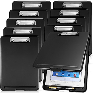 10 Pieces Clipboard with Storage Plastic Storage Clipboard Nursing Clip Board Foldable Clip Board with Low Profile Clip for Home Office School, Size 9.5 x 13.5 Inch (Black)