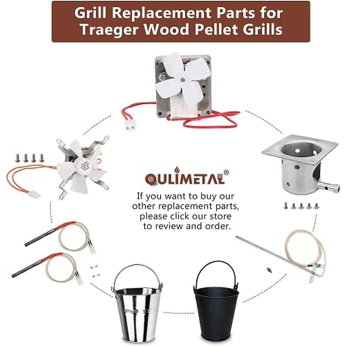 QuliMetal 304 Stainless Steel Fire Burn Pot Replacement Parts for Traeger and Pit Boss Pellet Grills, Durable Firepot with Ash Remover, Screws and Fuse