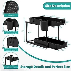 Jincancan Under Sink Organizer - Double Sliding Under Sink Organizers and Storage - 2 Tier Under Cabinet Organizer with 4 Hooks, Hanging Cup, Under Sink Storage for Kitchen