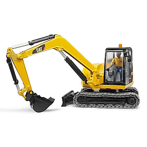 Bruder CAT Mini Excavator Construction Digger Toy with Worker, 1:16 Scale, Realistic Working Parts