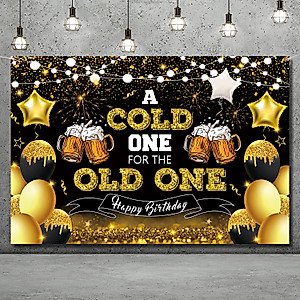 Beer Party Decorations,Black and Gold Happy Birthday Backdrop for Men A Cold One for The Old One Photography Background Banner for 30th 40th 50th Birthday Cheers and Beers Party Supplies