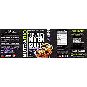 NutraBio 100% Whey Protein Isolate - Complete Amino Acid Profile - 25G of Protein Per Scoop - Soy and Gluten Free - Zero Fillers, Non-GMO, Protein Powder - Blueberry Muffin, 2 Pounds