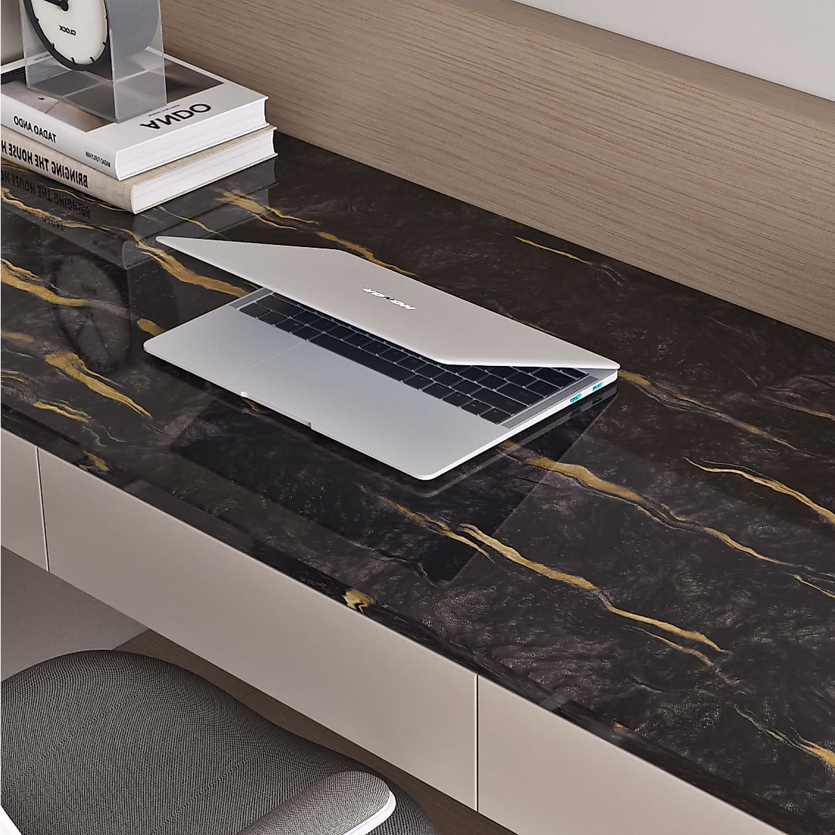Livelynine Black and Gold Marble Contact Paper for Countertops Waterproof Marble Wallpaper Peel and Stick Bathroom Walls Renter Friendly Countertop Cover Kitchen Cabinet Contact Paper 15.8X78.8 Inch