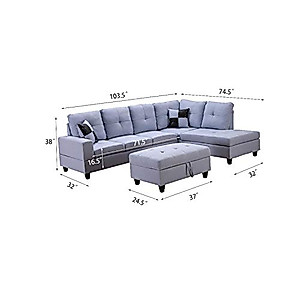 OPTOUGH Fabric Sectional Sofa Living Room Furniture Set, L-Shape Couch with Left Chaise, Storage Ottoman, and 2 Pillows,Gray