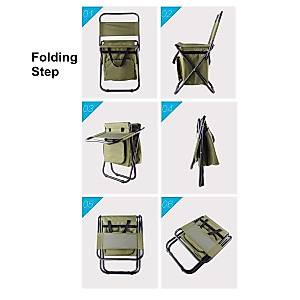 UNISTRENGH Outdoor Folding Fishing Chair Portable Camping Stool Foldable Chair with Double Layer Oxford Fabric Cooler Bag for Fishing Beach (Military Green)