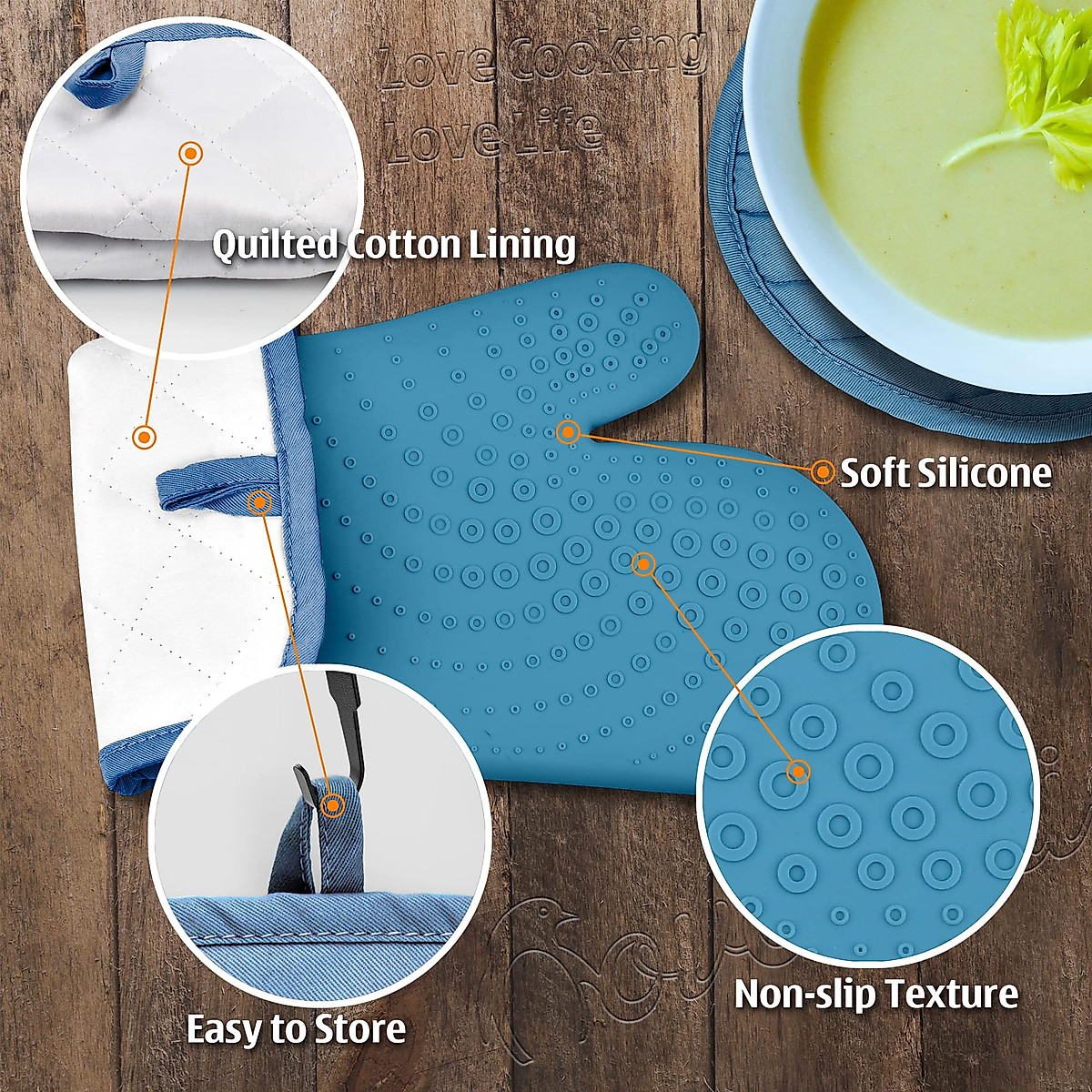 Extra Long Silicone Oven Mitts and Pot Holders Sets of 4, Novoconi Oven Mitts Heat Resistant 446F with Quilted Cotton Liner, Non-Slip & Waterproof Silicone Oven Mitts for Kitchen Cooking and Baking