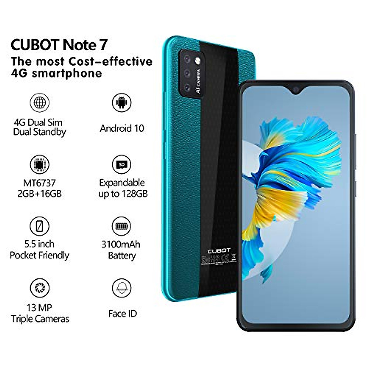 CUBOT Phone Unlocked, Note 7 4G Smartphone Unlocked, Android 10, 2GB RAM+16GB ROM,128GB Extendable by TF Card, 5.5 Inch Dewdrop Screen, Three Card Slots (Green)