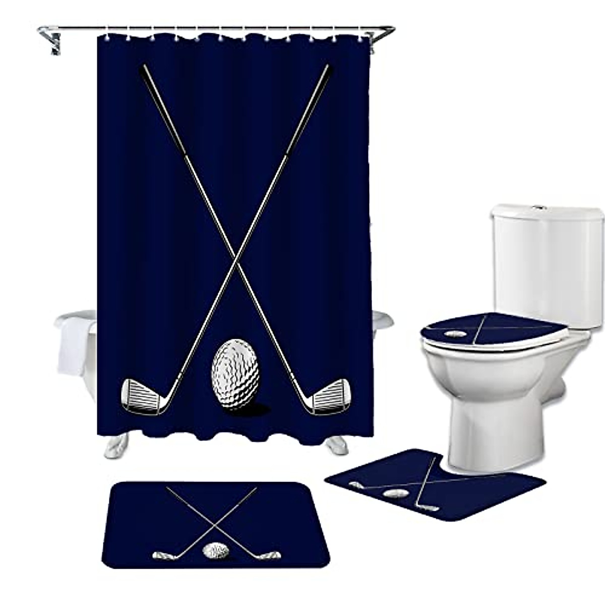 LiDU Golf Club 4 Pcs Shower Curtain Set, 36" x 72" Waterproof Shower Curtains with 12 Hooks, Golf Sport Navy Blue Modern Abstract Art Bathroom Sets with Shower Curtain and Rugs