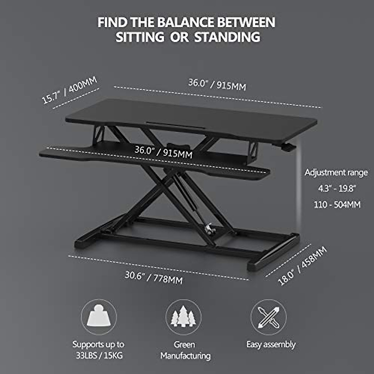 FITUEYES Height Adjustable Standing Desk 36” Wide Sit to Stand Converter Stand Up Desk Tabletop Workstation for Laptops Dual Monitor Riser Black SD309101WB