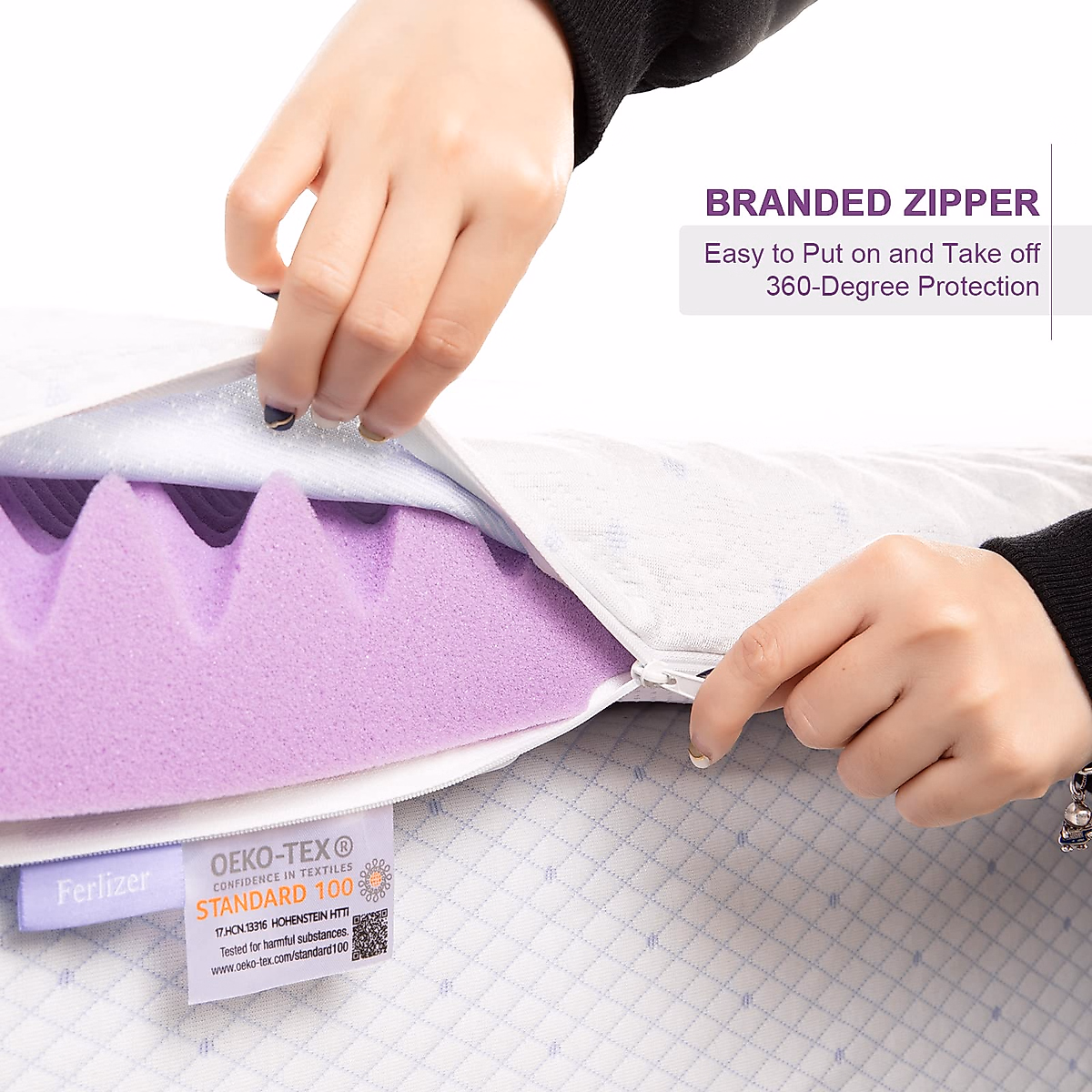 Ferlizer 2 Inch Queen Mattress Topper Protector, Lavender Infused Bamboo Zippered Cover, Adjustable Straps, Non Slip, Cooling, Machine Washable