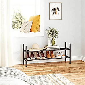 FANHAO 2-Tier Expandable Shoe Rack, Stackable and Adjustable Shoes Organizer Storage Shelf for Closet Entryway, 100% Stainless Steel Sturdy Shoe Shelf, Matte Black