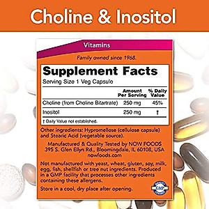 NOW Supplements, Choline & Inositol 500 mg, Healthy Nerve Transmission*, Nervous System Health*, 100 Capsules