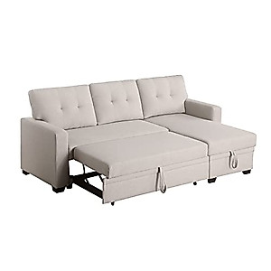 LOVMOR 82 inch L-Shape Sofa Sectional Couch Convertible Sleeper with Storage Chaise and Pull-Out Bed, Linen Upholstered Reversible Corner 3 Person Couch, for Living Room, Apartment
