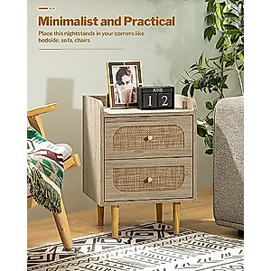 Rattan Nightstand Set of 2 with Drawers - Boho Bedside Table with Storage - Night Stand with Solid Wood Feet - Small Side Table End Table for Bedroom