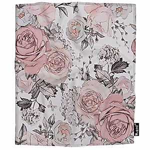 Mugod Pink Flowers Blanket Retro Rose Floral Branch Leaves Pastel Color Gray Fuzzy Soft Cozy Warm Flannel Throw Blankets Decorative for Adults Kids Women Men Girls Boys 60x80 Inch
