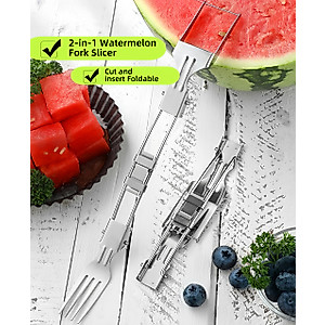 2 Pcs Watermelon Cutter Slicer Tool 2-In-1 Stainless Steel Fruit Cutter Summer Dual Head Foldable Portable Fruit Cutting Fork for Home Party Camping Kitchen Gadget (2)
