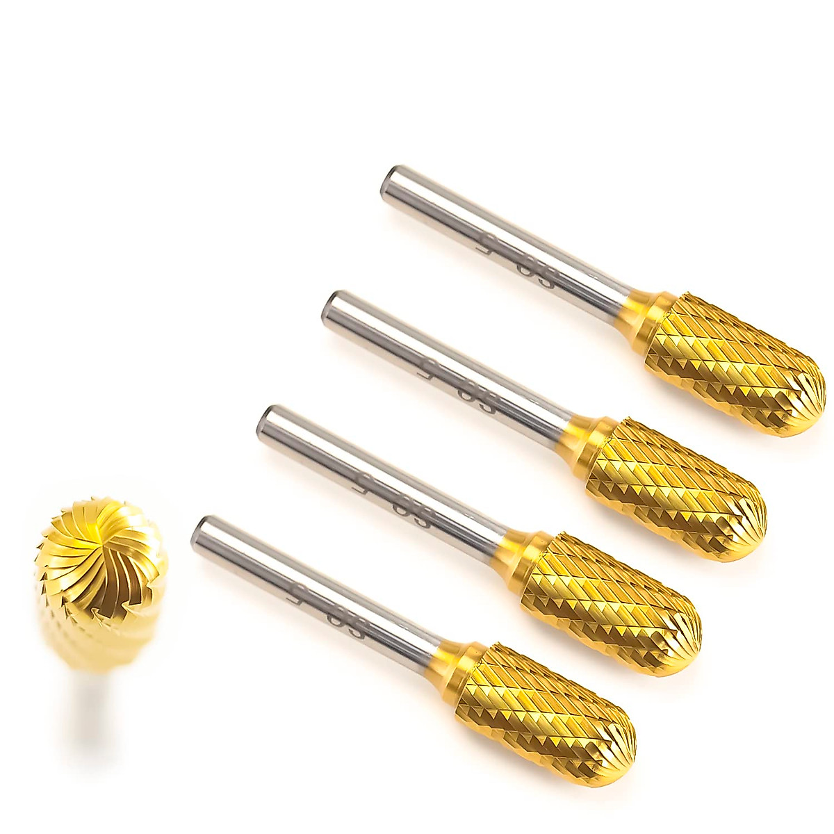 SC-5 5pcs Tungsten Carbide Burr TiN Rotary File Cylindrical Shape with Radius End Double Cut with 1/4''Shank for Die Grinder Drill Bit