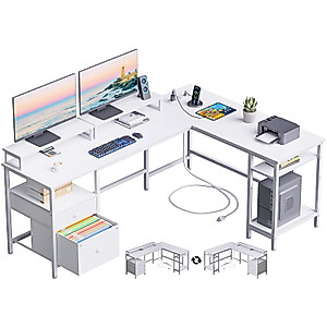 Furologee White 66” L Shaped Desk with Power Outlet, Reversible Computer Desk with File Drawer & 2 Monitor Stands, Home Office Desk with Storage Shelves, Corner Desk for Gaming Writing
