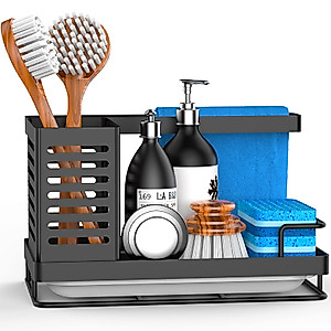 MURLONG Sink Caddy, Kitchen Sink Organizer Sponge Holder, Kitchen Sink Accessories Stainless Steel, Sink Brush Holder with Removable Drain Tray for Sponge, Dish Brush, Soap, Scrubber, Dishcloth-Black