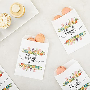 100 Pack Paper Cookie Bags, 5 x 7 Inch for Party Favors, Treats, Candy, Wedding, Individual Bag with Floral Thank You Design, Mini Gift Bags for Snacks, Goodies
