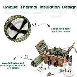 Picnic Basket for 4, Willow Picnic Basket Set with Insulated Cooler Compartment, Waterproof Blanket and Cutlery Service Kit for Camping, Outdoor