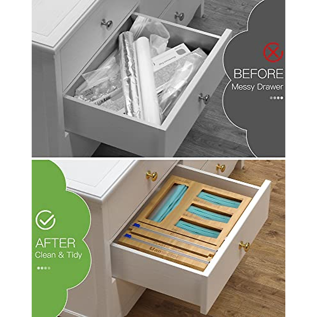 Uamector 6 In 1 Foil and Plastic Wrap Organizer, Ziplock Bag Organizer for Kitchen Drawer, Plastic Wrap Dispenser with Cutter, Bamboo Bag Storage Organizer for Gallon, Quart, Sandwich